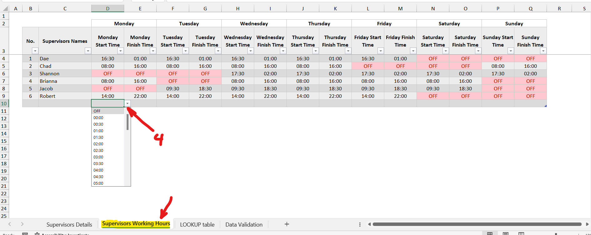 Excel Spreadsheet to produce a list of names based on day of week, hour ...