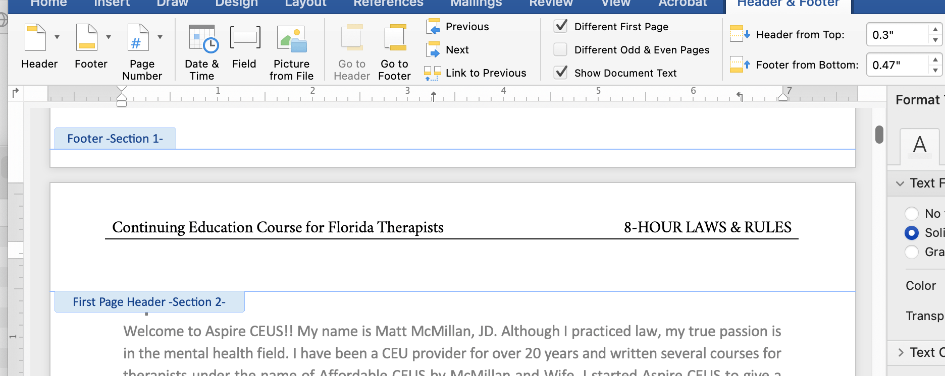 Can't get all header/footers the same, despite indicating Link to ...