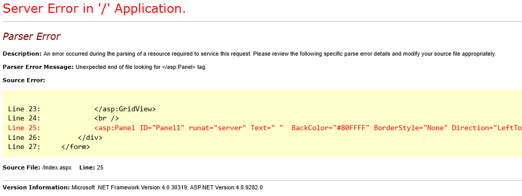 Error Creating Control - Panel7 the 'Text' Proprty cannot be set declaratively - Microsoft Q&A