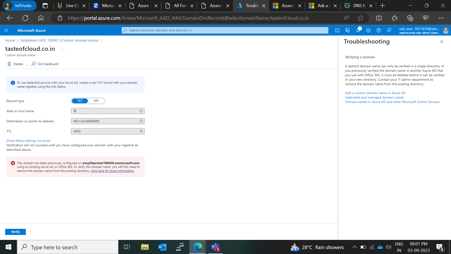Not able to verify custom domain - Microsoft Q&A