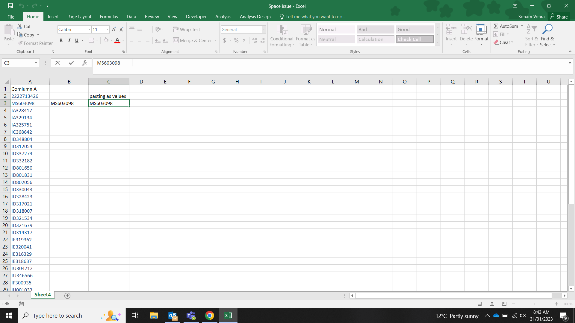 not able to remove space from the attached data, tried every possible way, formatting, text to ...