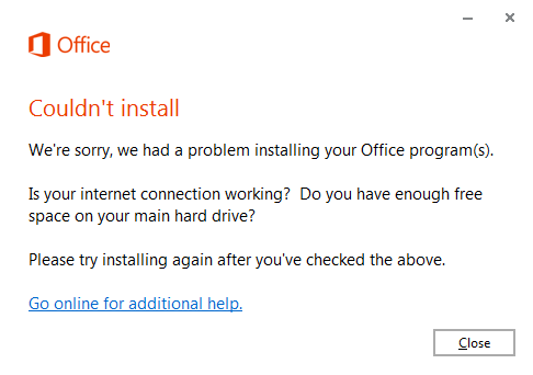Unable to install Office 365. Error: Couldnt Install Office. We're ...