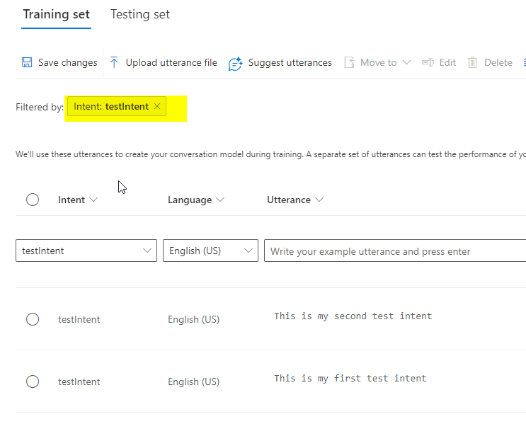 For the CLU Framework, when the intents are added, while adding the utterances, after adding ...