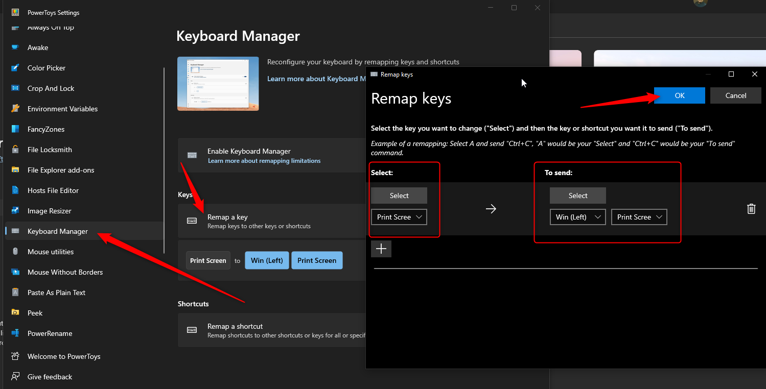 how can i change my screenshot hotkey (from windows + prtscr to just ...