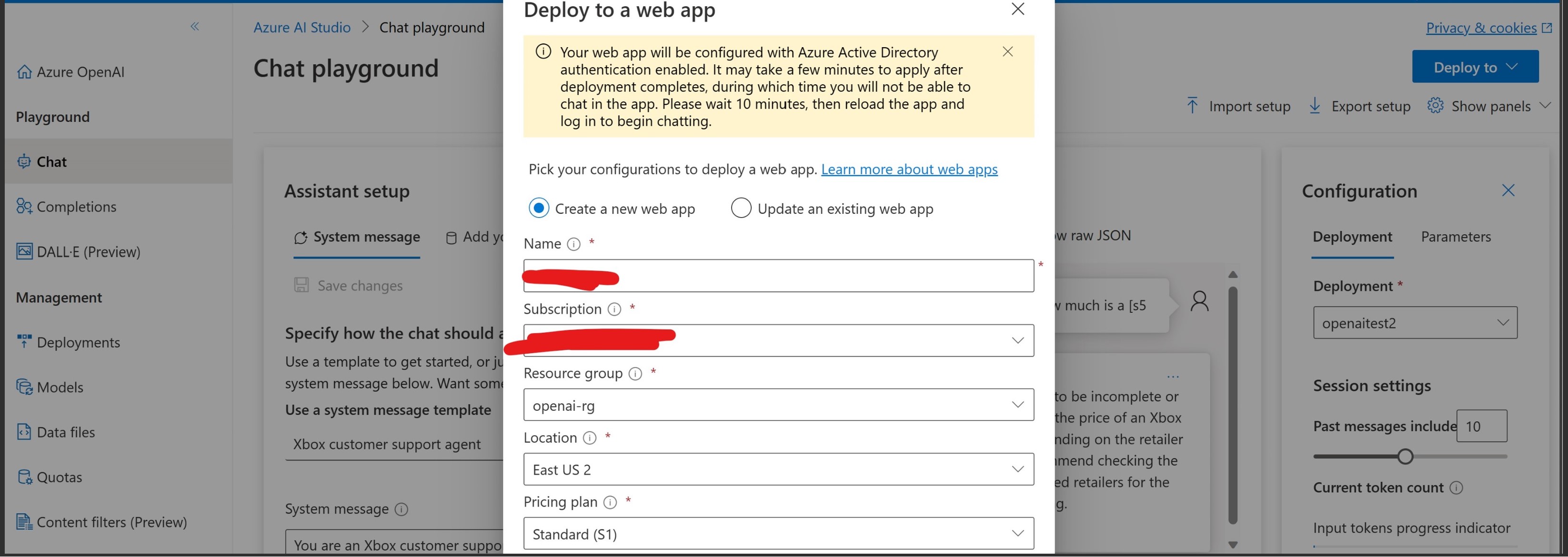 Everytime I attempt to deploy web app through openai, it doesnt do anything. - Microsoft Q&A