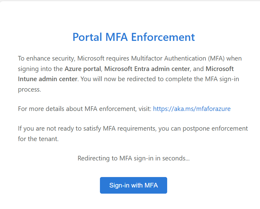 Trying to log into azure portal and stuck on Portal MFA Enforcement ...