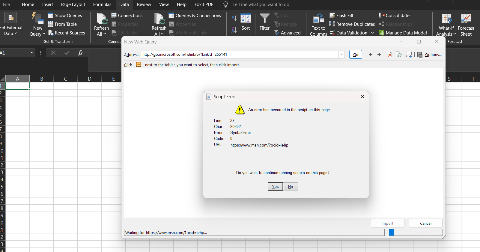 import data to excel 2016 from web throwing Script error. - Microsoft Q&A