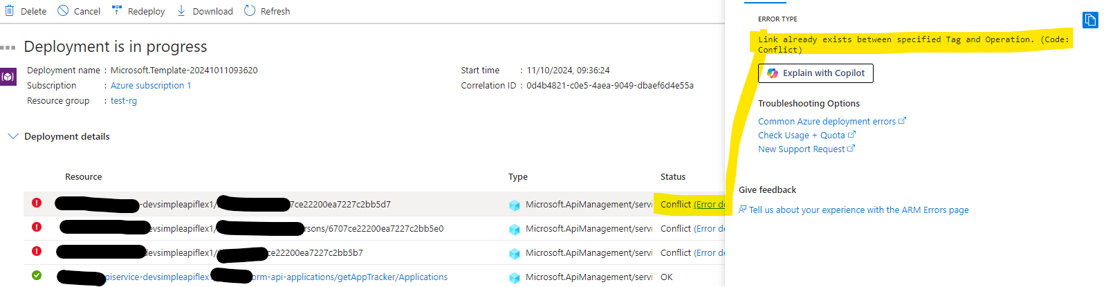 Azure Api Arm Template Error Link Already Exists Between Specified Tag And Operation