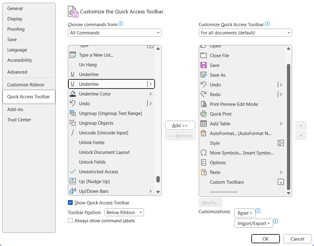 Add Underline Words Only to Quick Access? - Microsoft Q&A