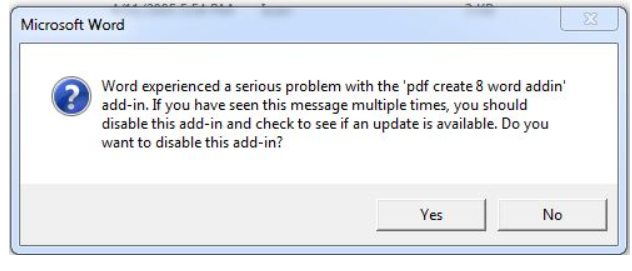 word experienced a serious problem with the pdf create 8 word addin ...