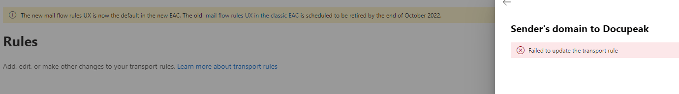 Failed to update the transport rule - EAC - Microsoft Q&A