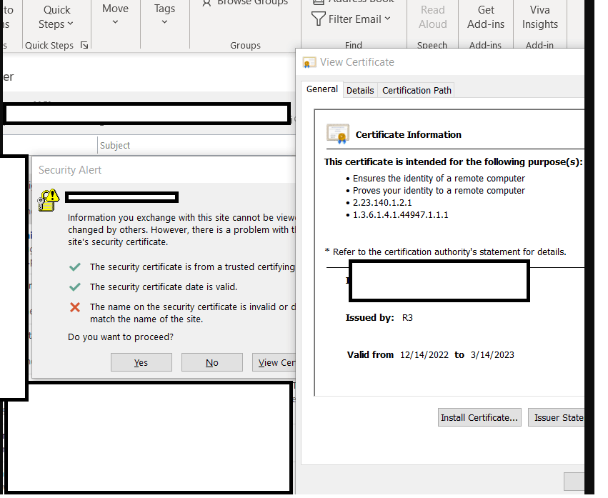 Outlook desktop not connecting with certificate error - Microsoft Q&A