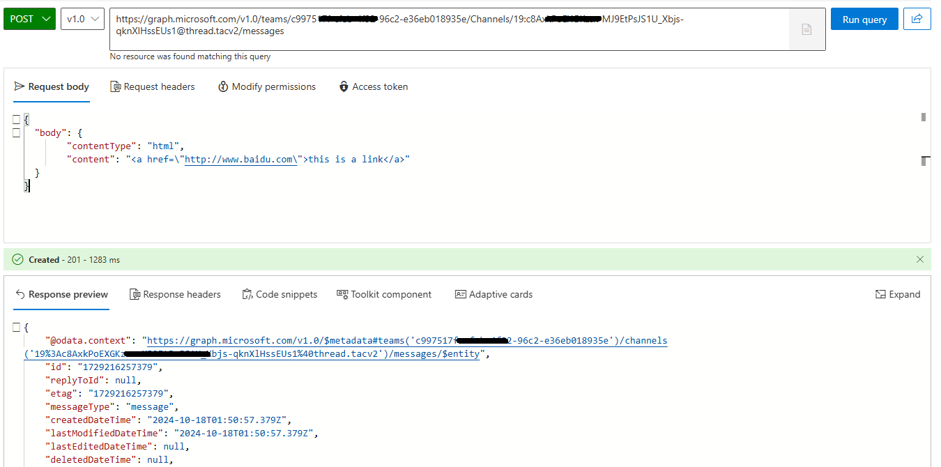 When I send a message to Teams Channel via the Graph API, can I include ...