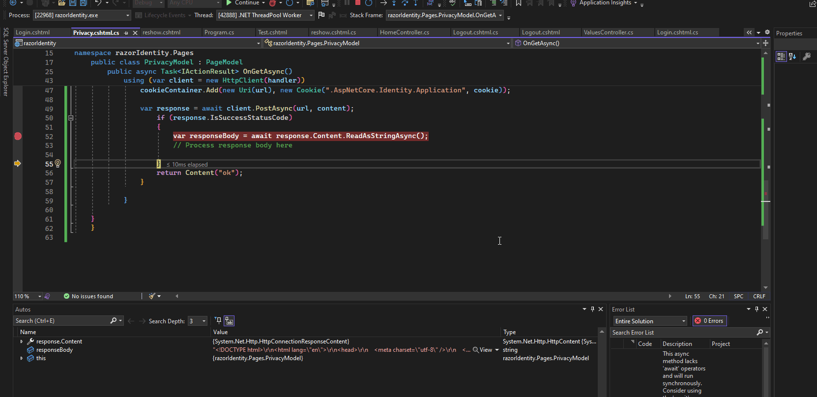 What problems do I get if I call Identity methods in OnGet() in an ASP.NET Core MVC page ...