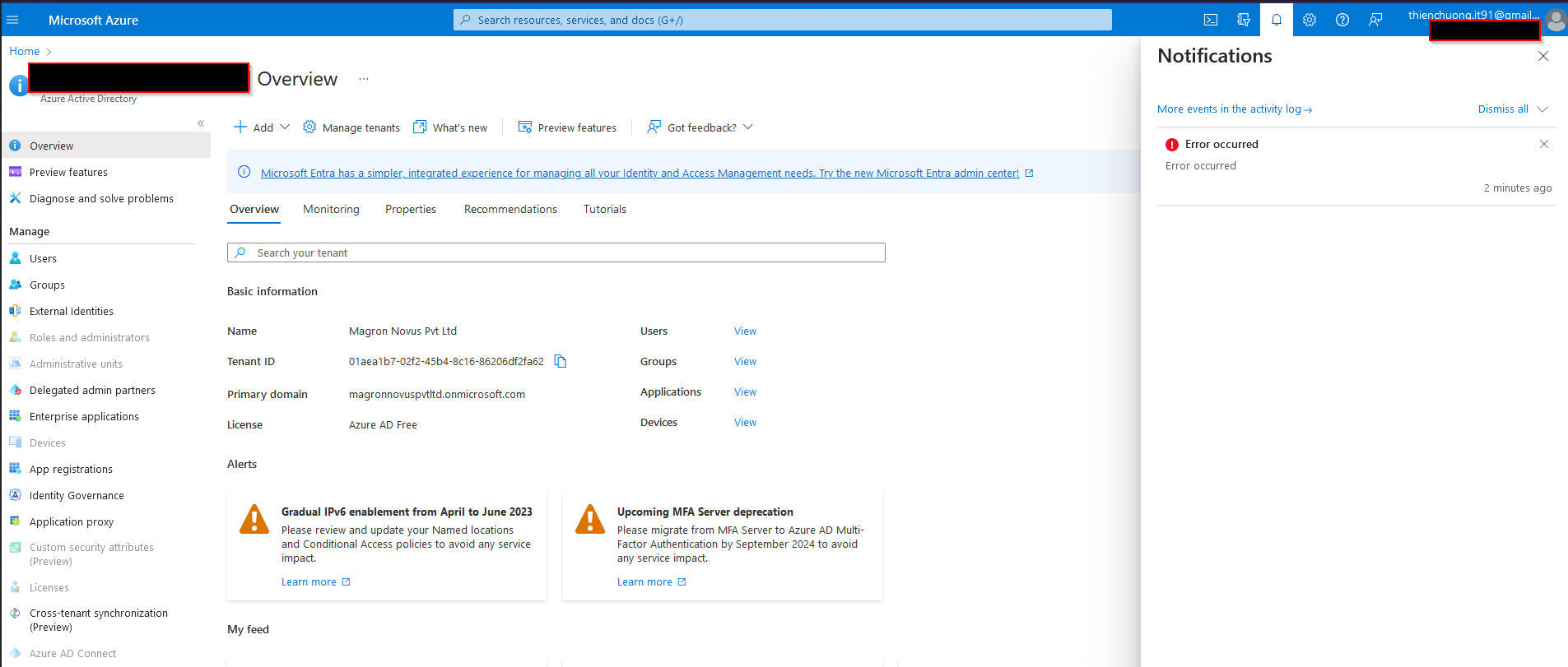 I have got the error message "Error occurred" when access to Azure AD - Microsoft Q&A