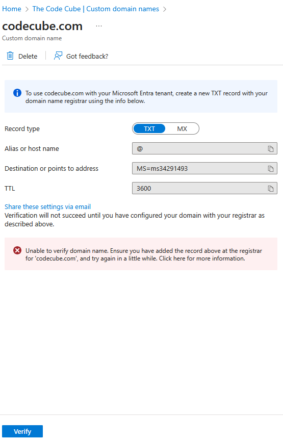 Microsoft Entra Custom Domain Verification Issue - Microsoft Q&A
