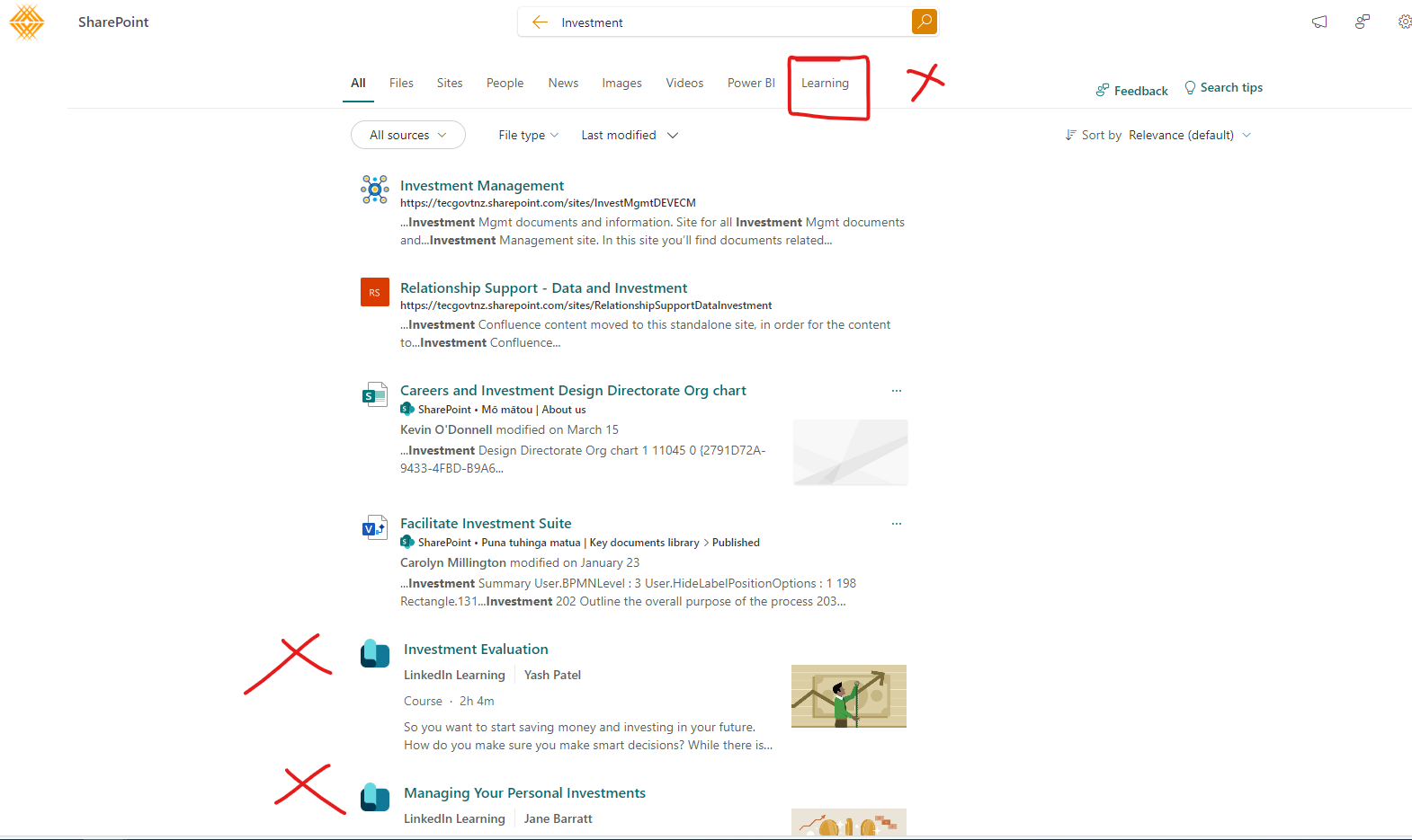 Turn off the Learning tab from SharePoint search results - Microsoft Q&A