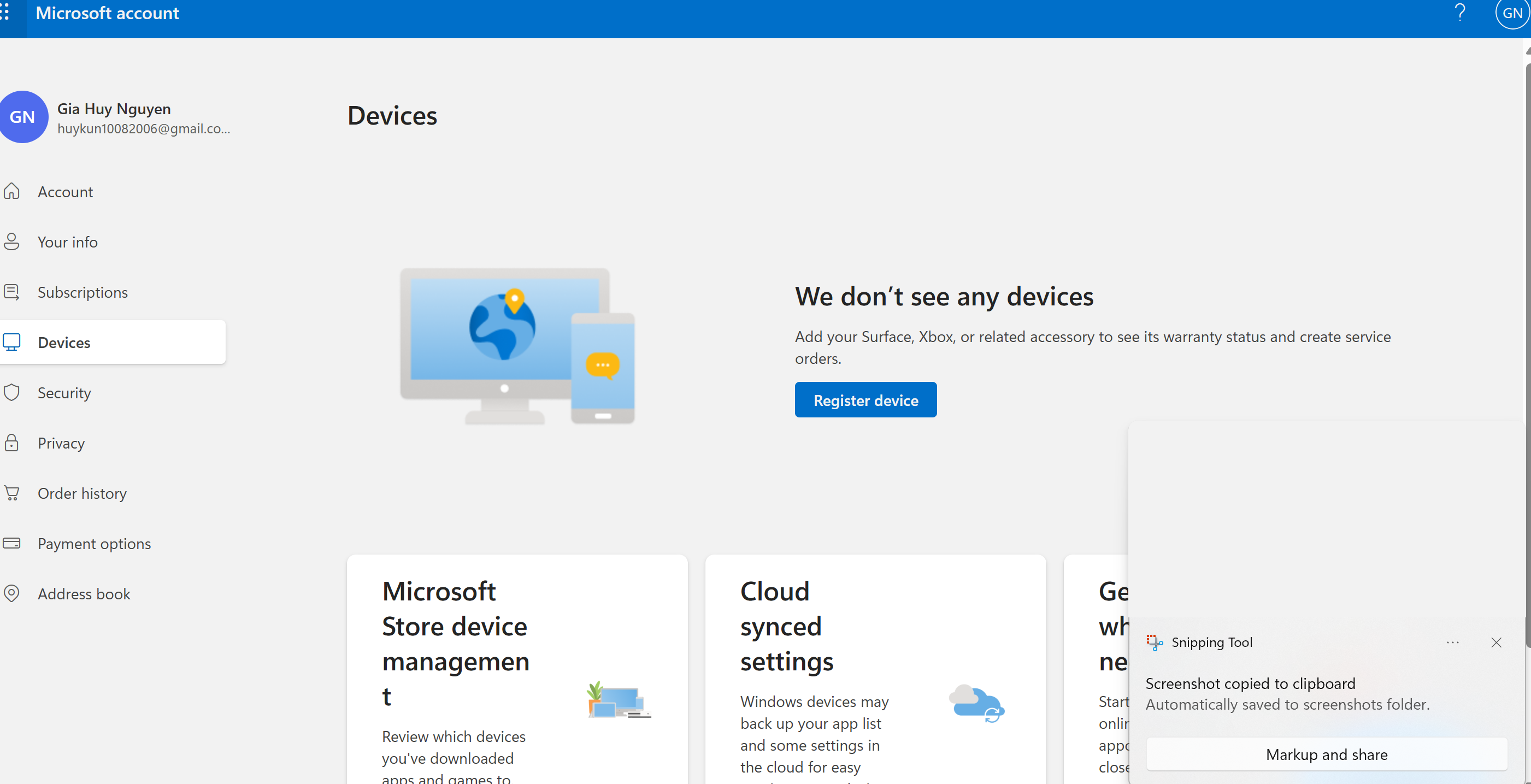 "My Windows 11 device isn't showing up in my Microsoft account online. I've tried re-registering ...