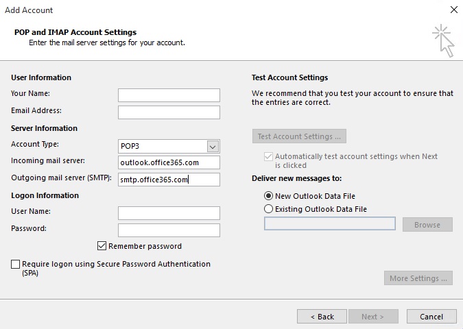 Using Office 365 Outlook 2016 how to add a pop3 account - Microsoft Q&A