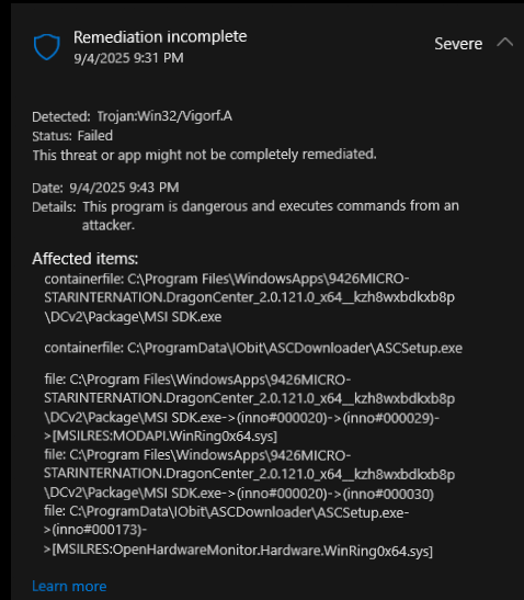 how to remove Trojan:Win32/Vigorf.A the anti virus defender isnt ...