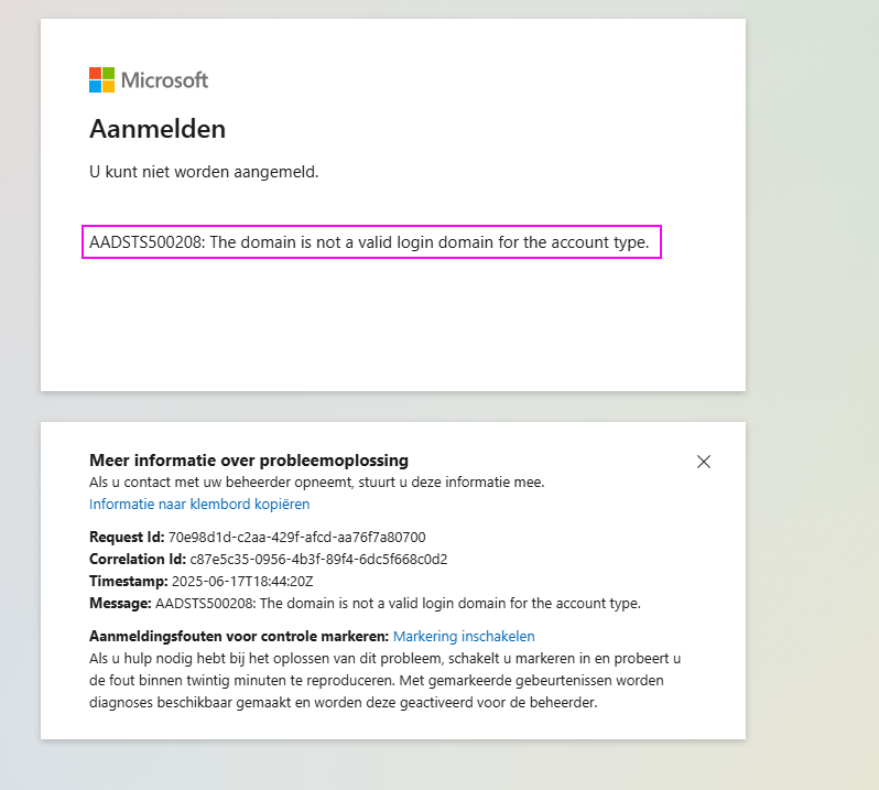 Users getting error: "AADSTS500208: The domain is not a valid login domain for the account type ...