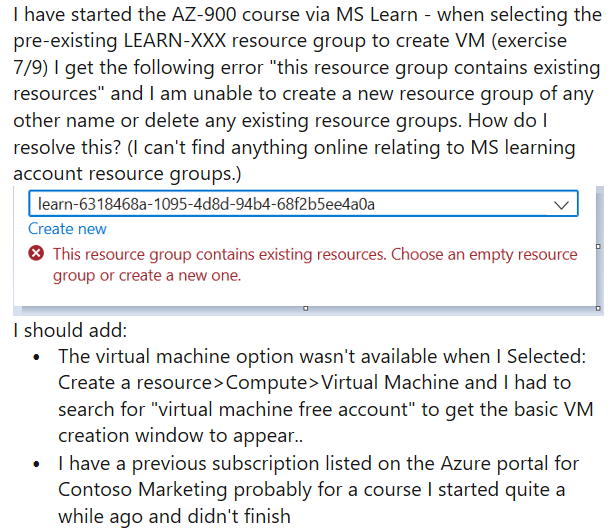 AZ-900 course - when creating a VM - "this existing resource group contains existing resources ...