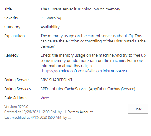 The Current server is running low on memory. - Microsoft Q&A