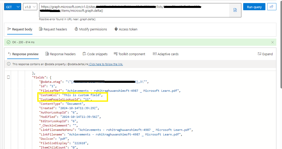 how to fetch custom fields or columns in response of graph api delta query for drive item ...