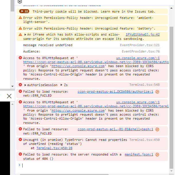 CORS error when attempting to connect to cloudshell - Microsoft Q&A