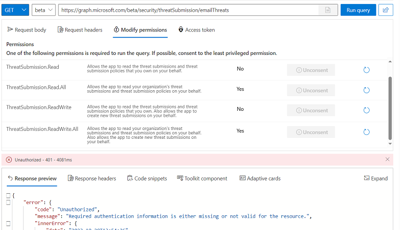 https://graph.microsoft.com/beta/security/threatSubmission/emailThreats saying unauthorized ...