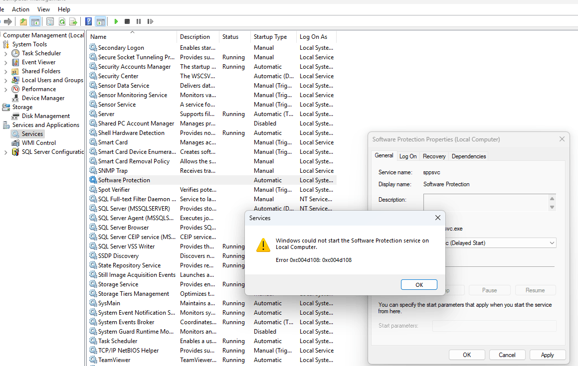 The Software Protection service failed to start. 0xC004D108 - Microsoft Q&A