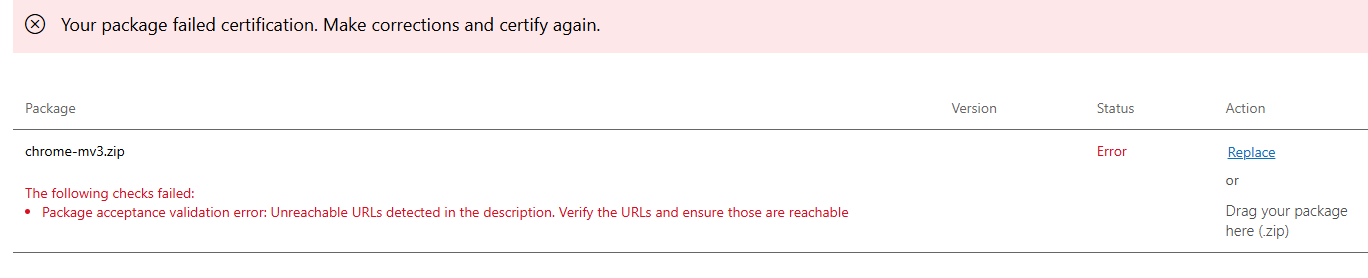 Package acceptance validation error: Unreachable URLs detected in the description. Verify the ...