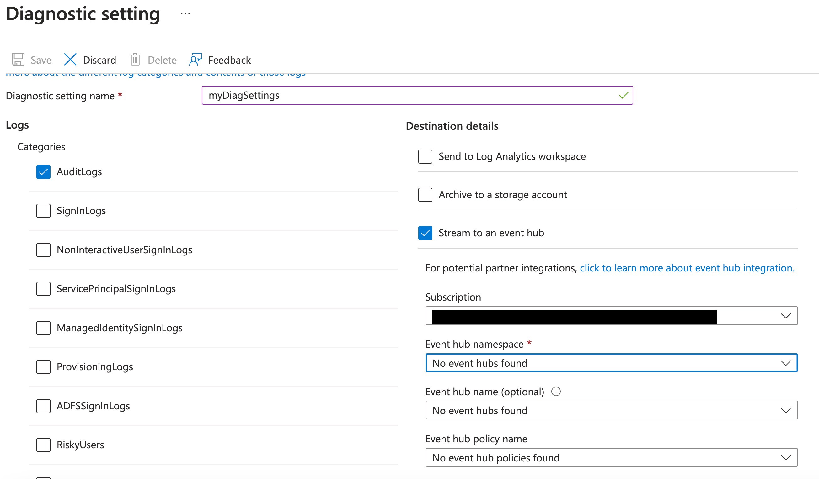 Cannot use Event Hub/Namespace when adding Diagnostic Settings to AAD ... Cannot use Event Hub/Namespace when adding Diagnostic Settings to AAD ...