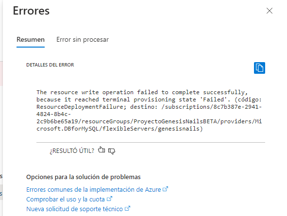 Error al tratar de implementar MySqlFlexibleServer - Microsoft Q&A