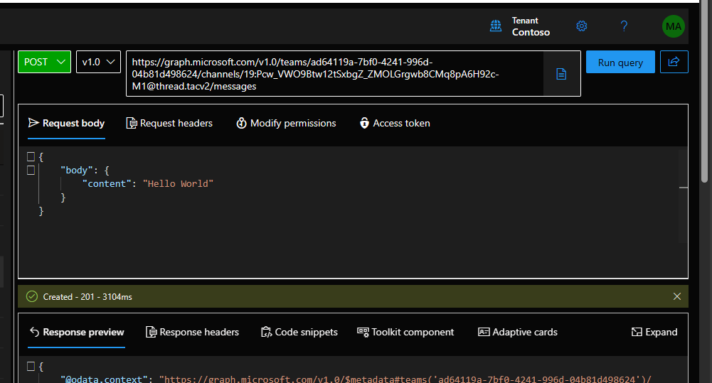 Unable to Post message to teams channel using graph API - Microsoft Q&A