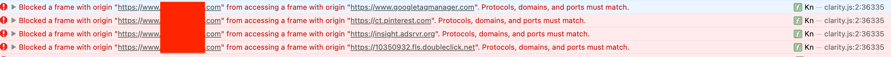 We're encountering a cross-origin frame access issue involving clarity.js with other Third-Party ...