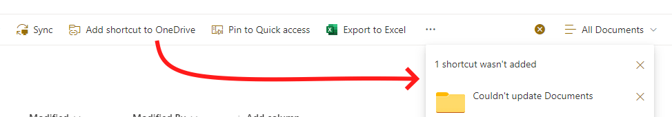 Error when adding Sharepoint shortcut to OneDrive: "1 shortcut wasn't ...
