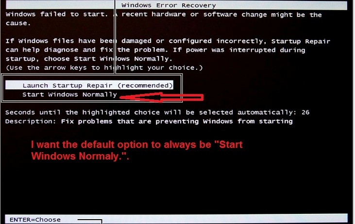 How can I change the default Windows 7 Fix Startup Repair option ...