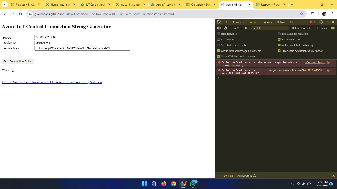 application azure iot not connection to link https://gloveboxes.github.io/Turn-a-Command-Line ...
