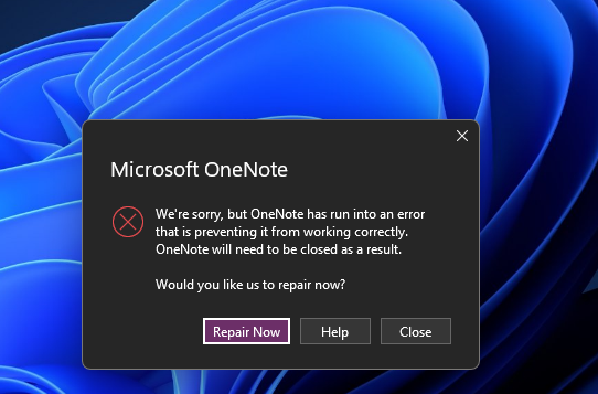 We're sorry, but OneNote has run into an error that is preventing it ...