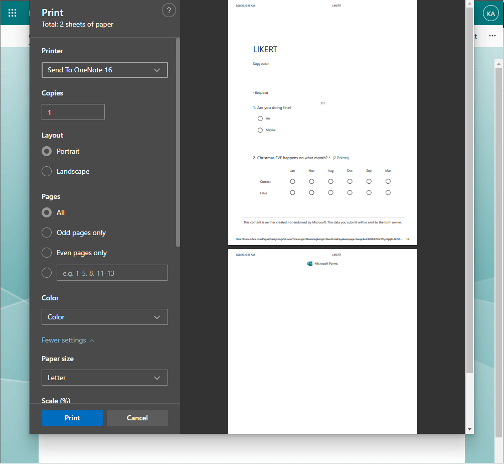 MS form print to pdf creates blank pages and data goes missing in the ...