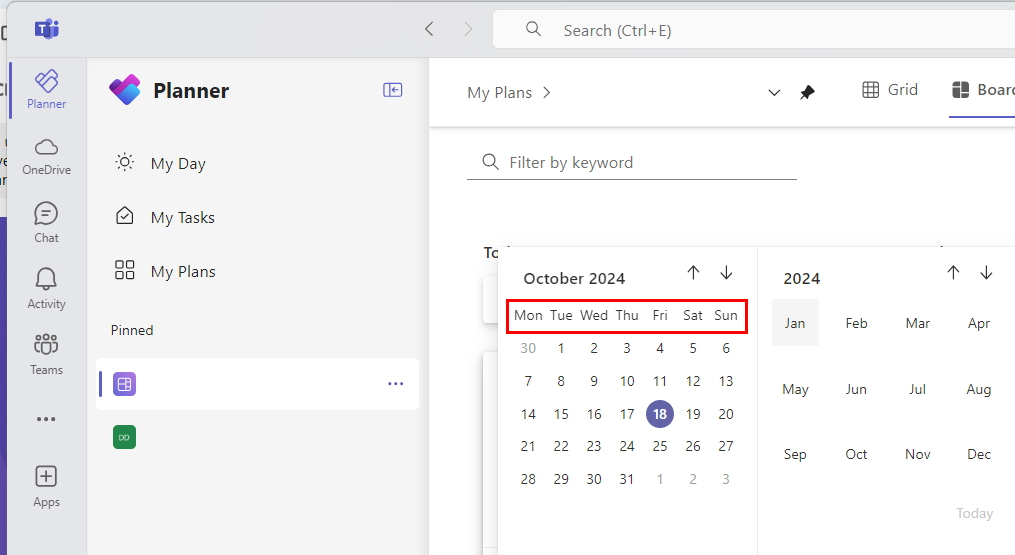 Calendar Start Day change from Monday to Sunday in Planner in Teams ...