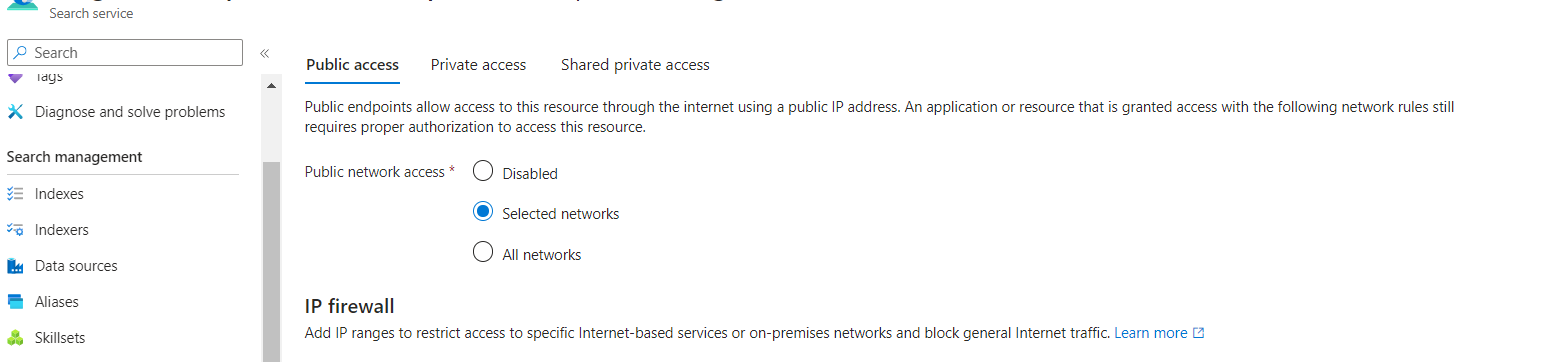 Azure search 'Import data' option is disabled when network selected is disabled or selected ...