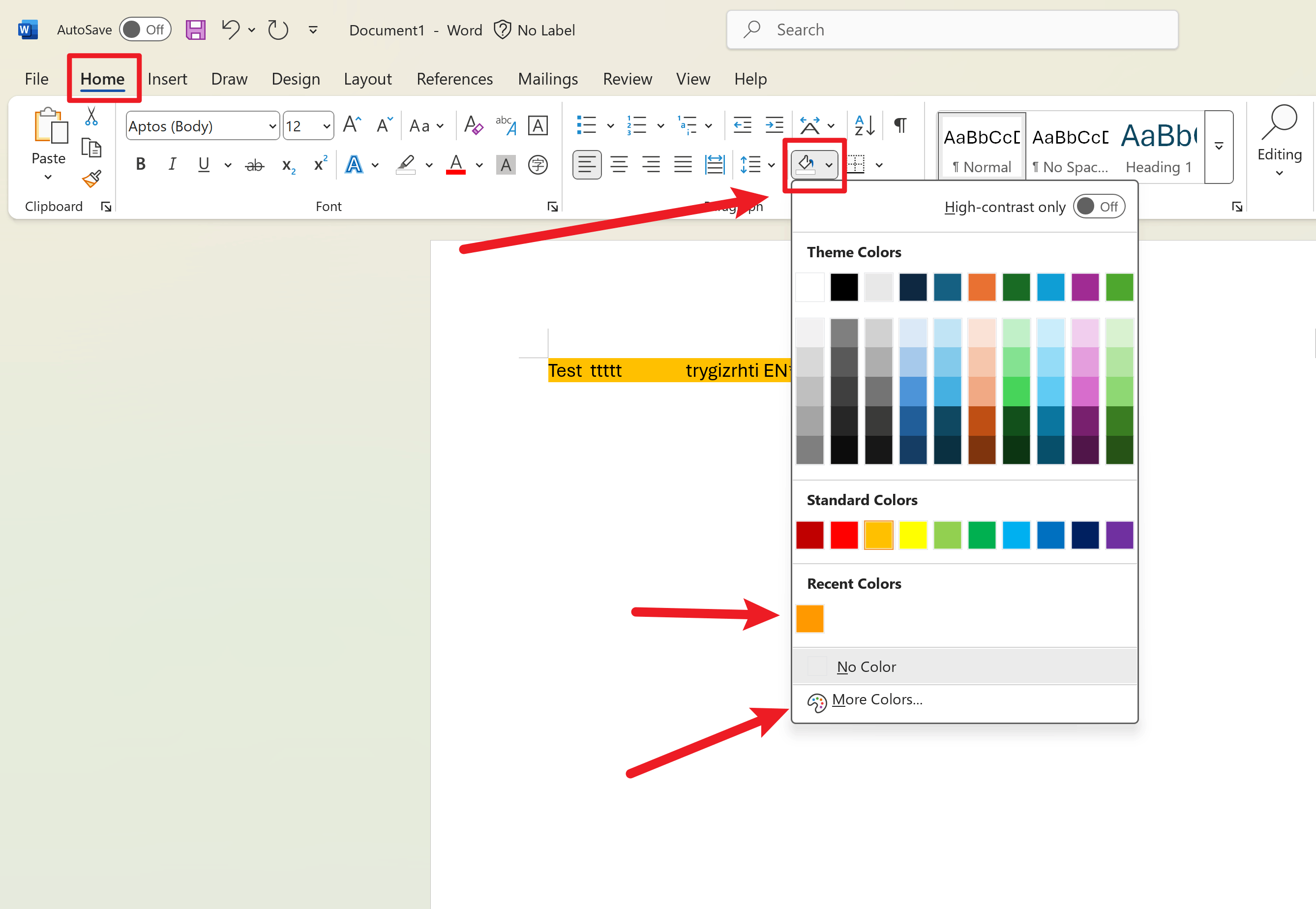 How can I add orange color option under "Text highlight color" command? in font group under Home ...
