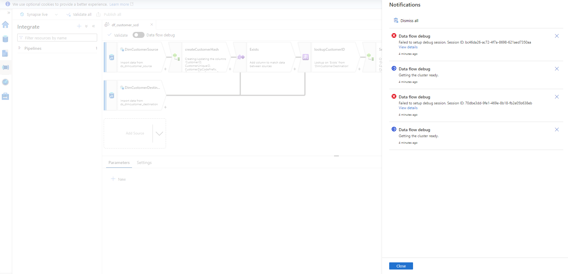 Unable to switch to data flow debug mode on azure synapse. Failed to ... Unable to switch to data flow debug mode on azure synapse. Failed to ...