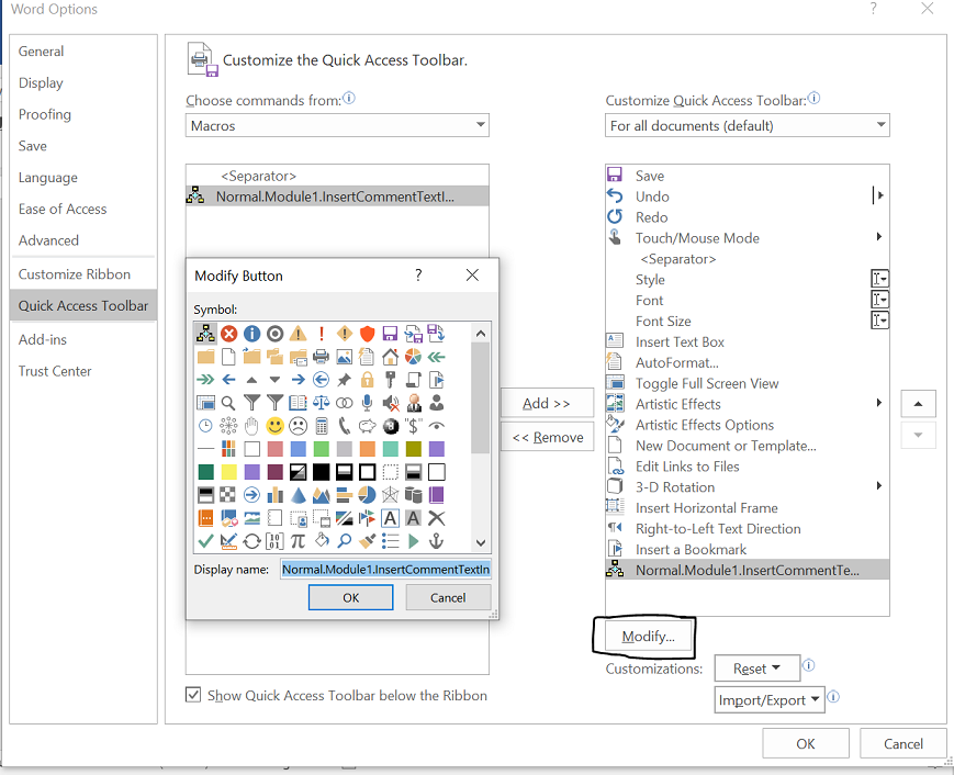 Custom Macro symbol for Quick Access Toolbar in Office 365 or 2019 ...