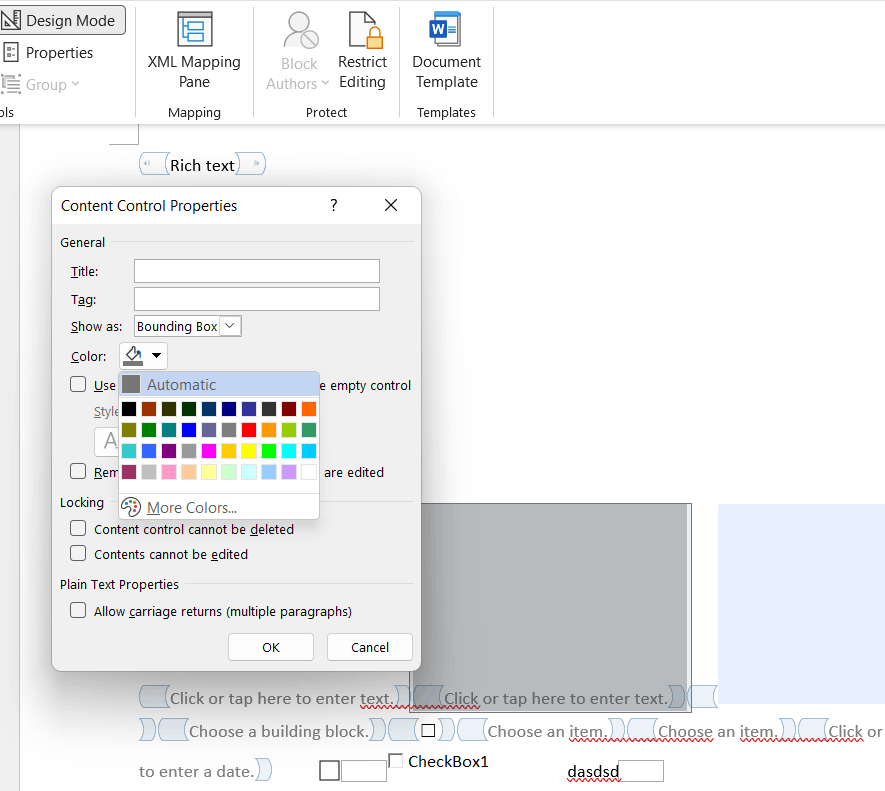 Meaning of the color of content control fields in design mode in a Word ...