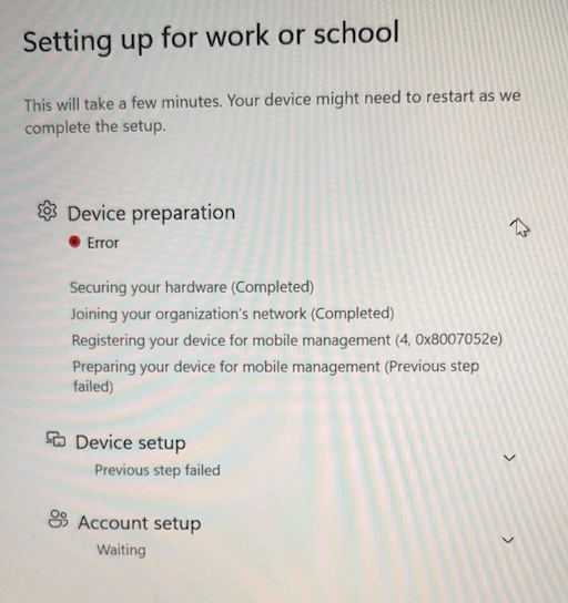 Error code (4, 0x8007052e) when deploying device through pre ...