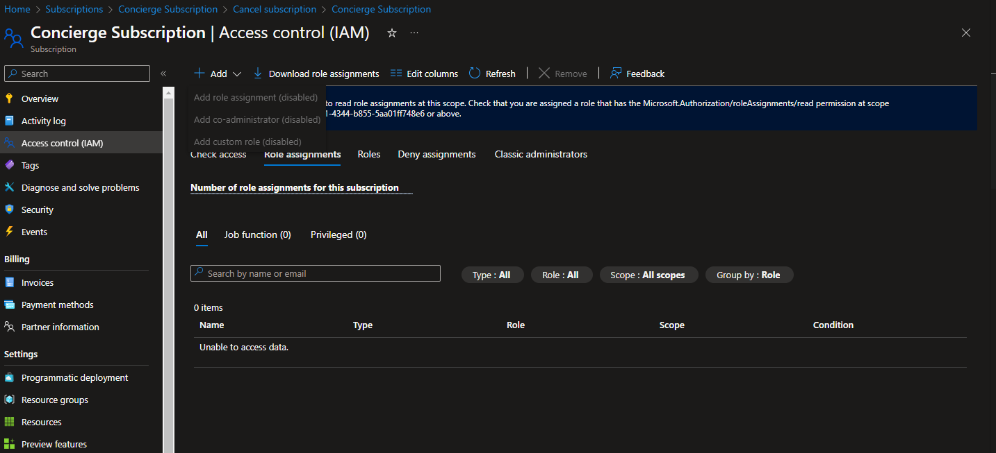 Unable to edit subscription roles - Microsoft Q&A