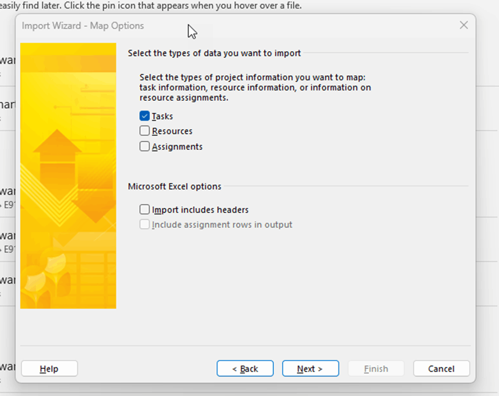 When importing from Excel into a current MS Project plan, I cannot ...